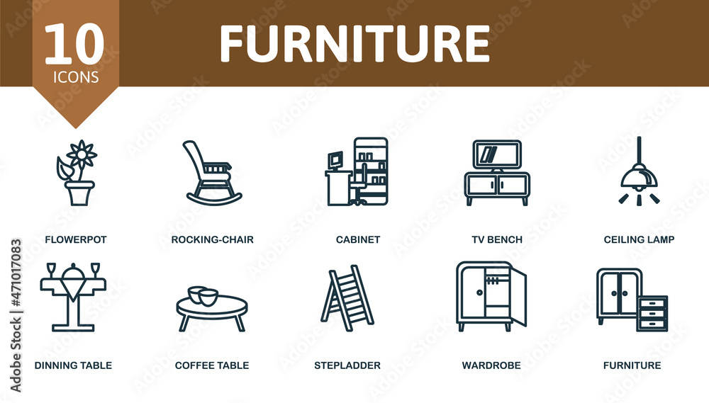 Furniture icon set. Collection of simple elements such as the desk ...
