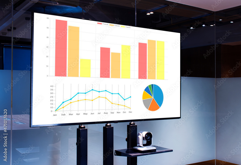 Mock up chart slide show presentation on display television with camera ...