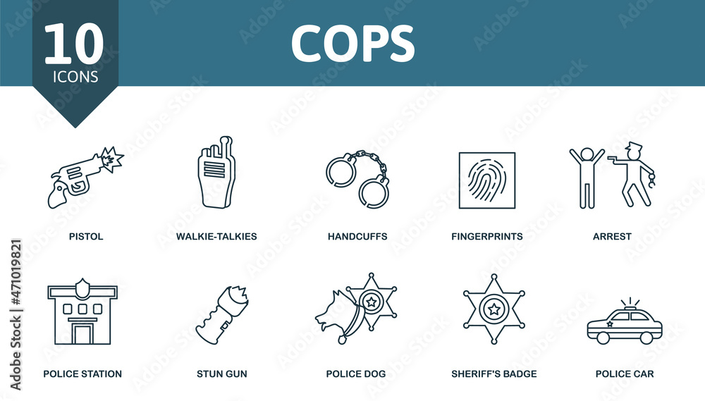 Cops icon set. Collection of simple elements such as the pistol, walkie ...