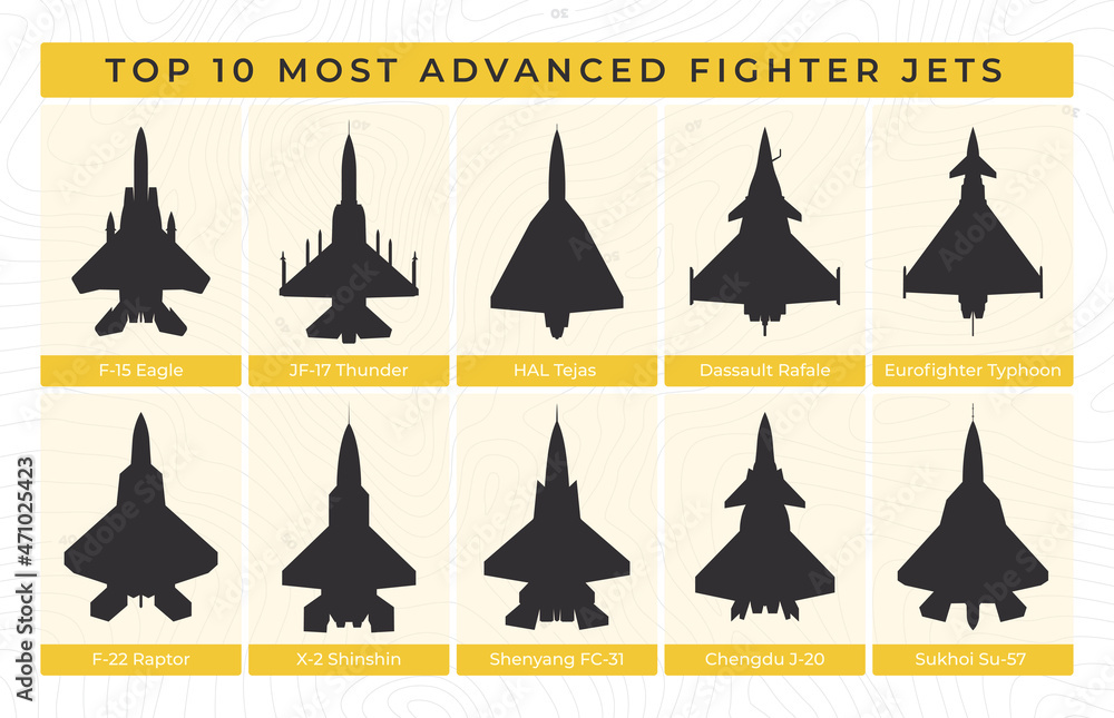 Vector black silhouette infographic: TOP 10 MOST ADVANCED FIGHTER JETS ...