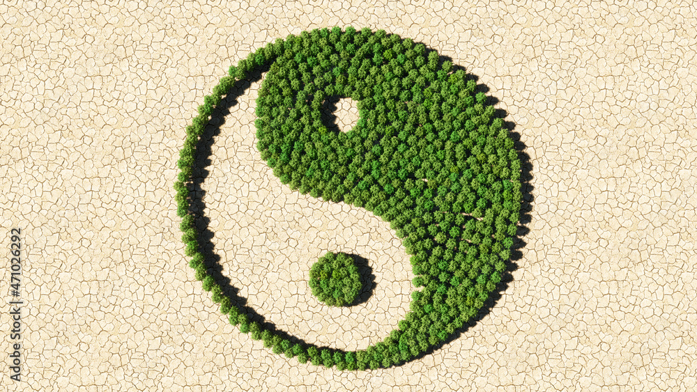 Concept or conceptual group of green forest tree on dry ground ...