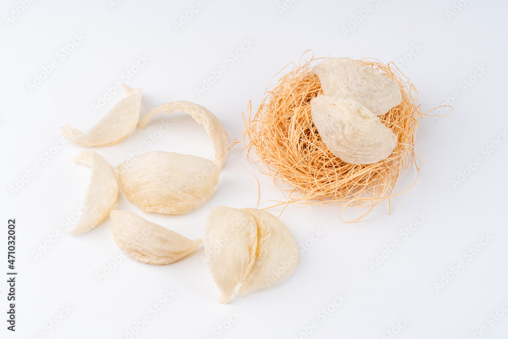 Top Grade edible bird nest shoot on white background with negative ...