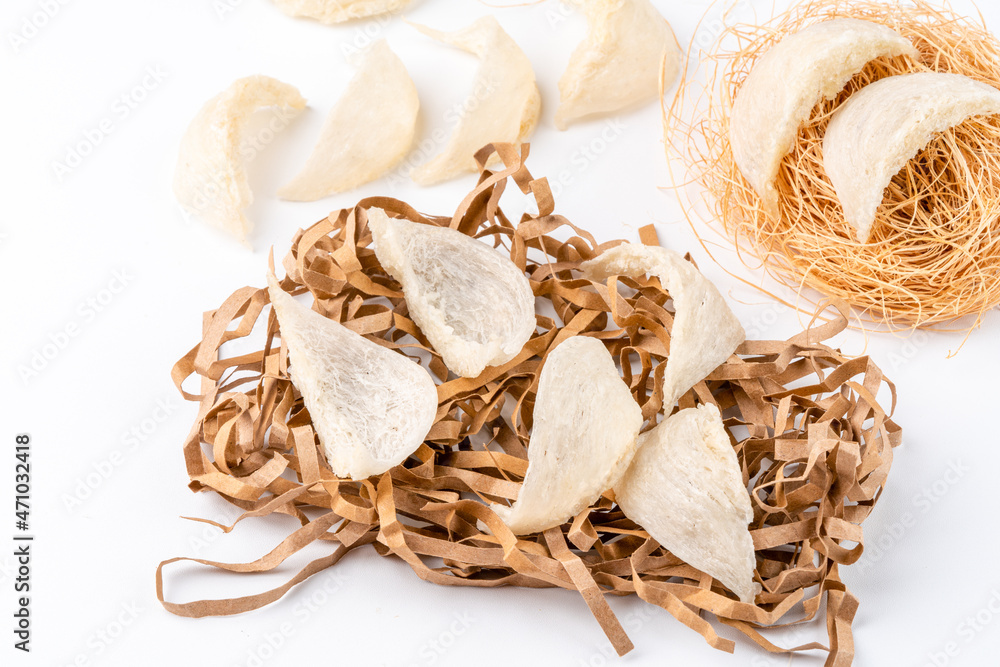 Top Grade edible bird nest shoot on white background with negative ...