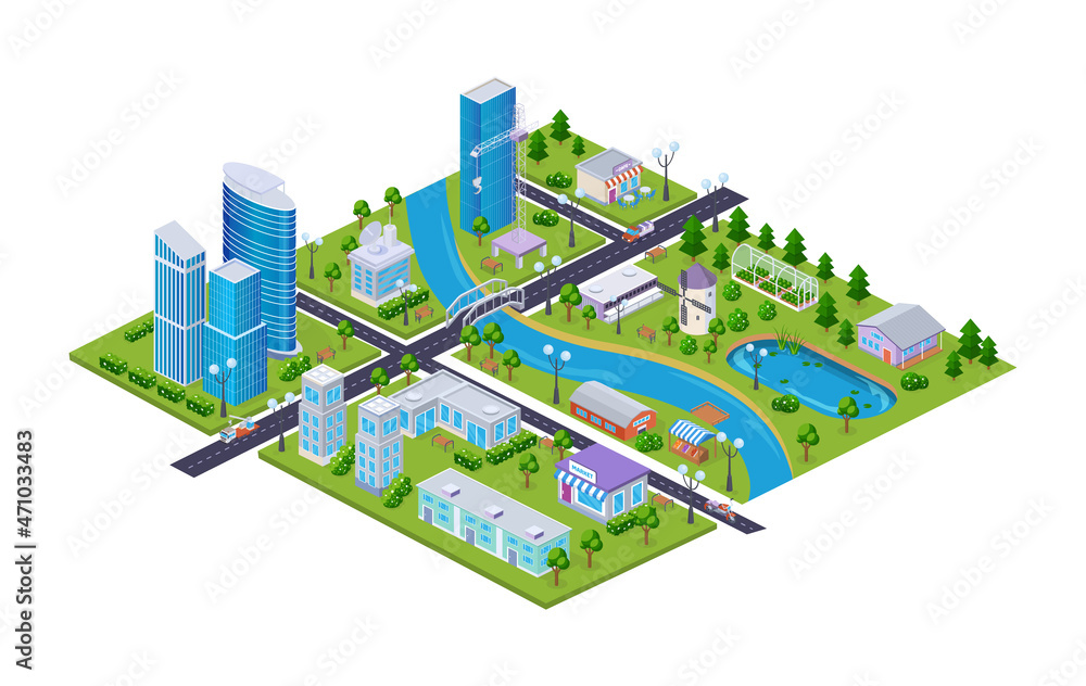 Modern city exterior map isometry. Infrastructure street district ...