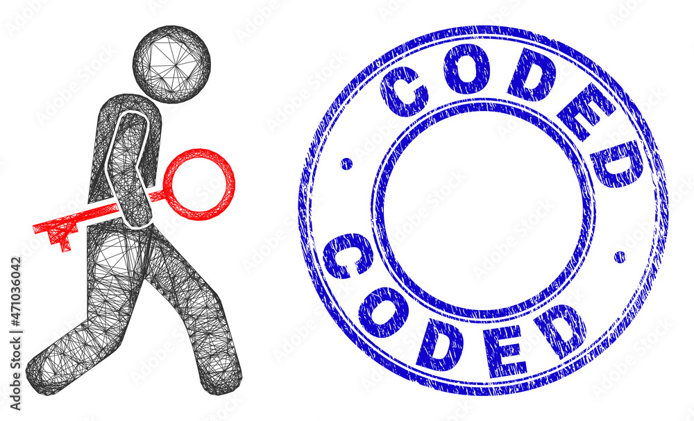 Carcass irregular mesh key thief icon with Coded textured round stamp ...