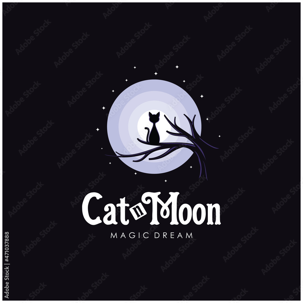 cat and moon logo design inspiration Stock Vector | Adobe Stock