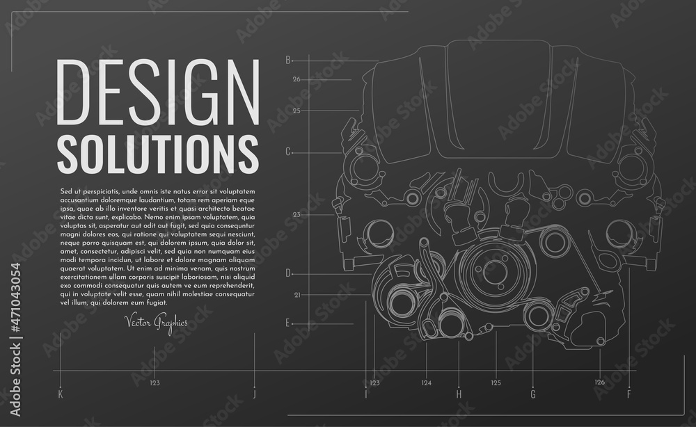 Realistic modern engine with contour lines, vector illustration. Stock ...