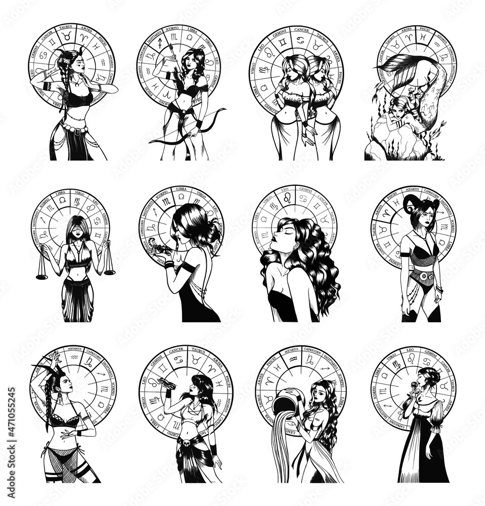 Zodiac signs with women. Black and white illustrations of astrological ...