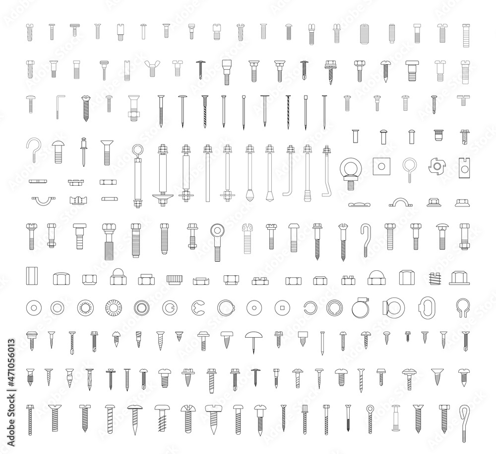 Collection of perfectly linear icons of fasteners and screws. Stock ...