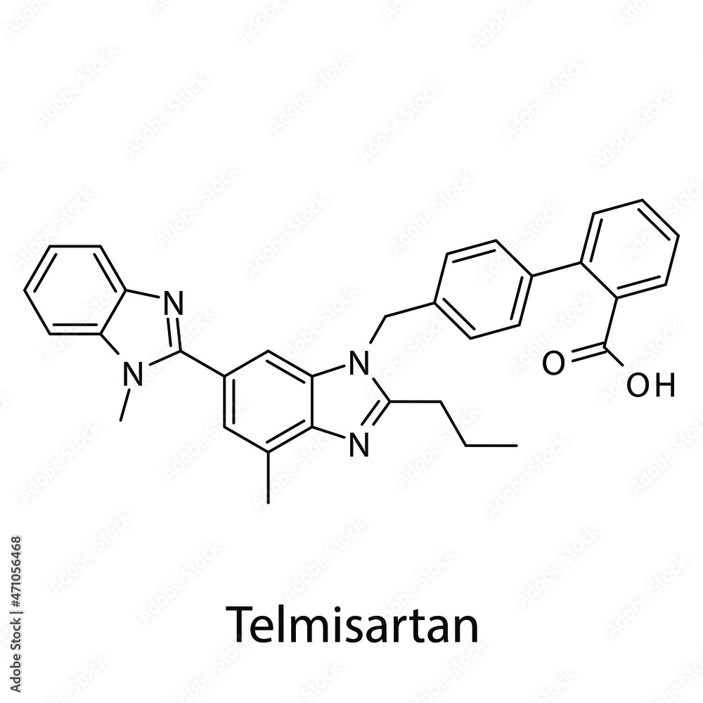 Telmisartan molecular structure, flat skeletal chemical formula ...