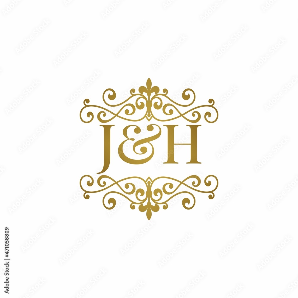 J&H initials logo ornament gold. Letter JH wedding ampersand or ...