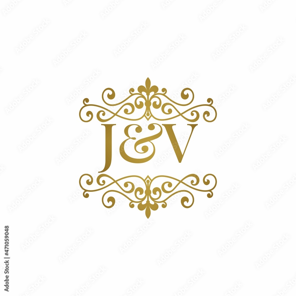 J&V initials logo ornament gold. Letter JV wedding ampersand or ...