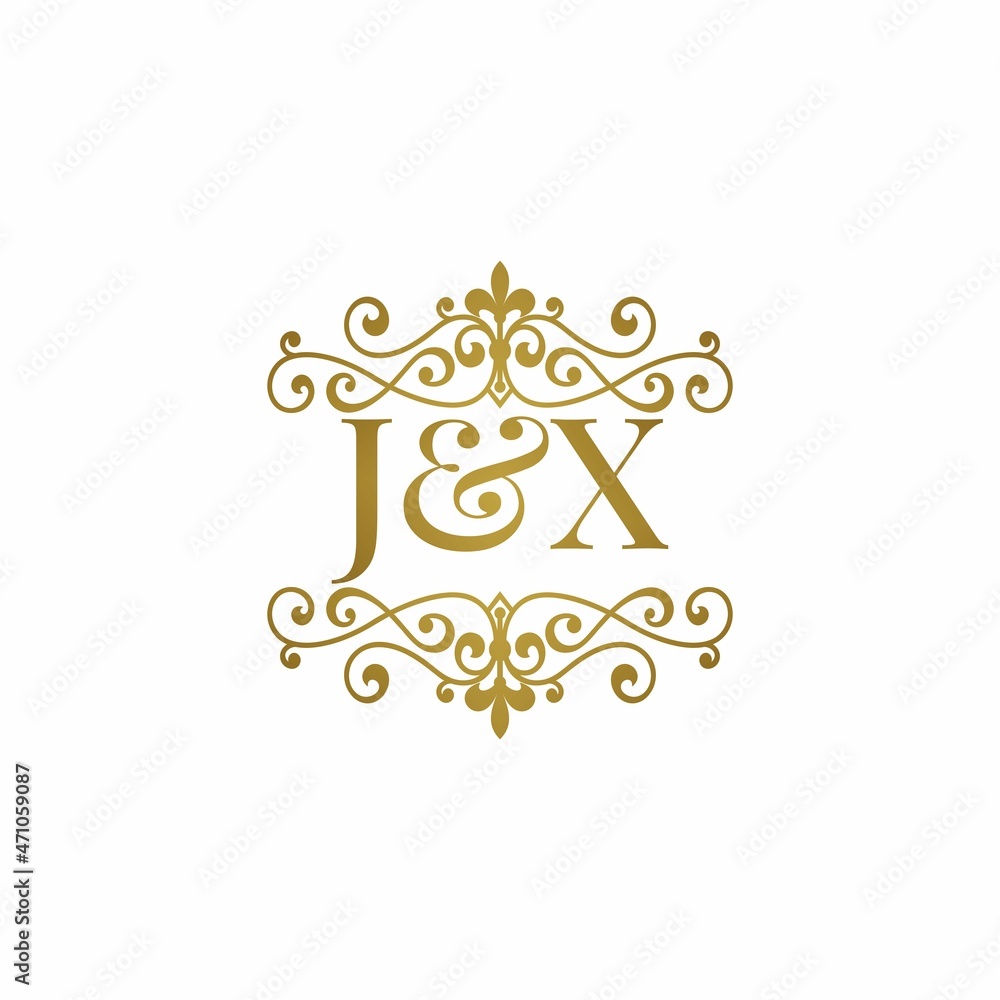 J&X initials logo ornament gold. Letter JX wedding ampersand or ...