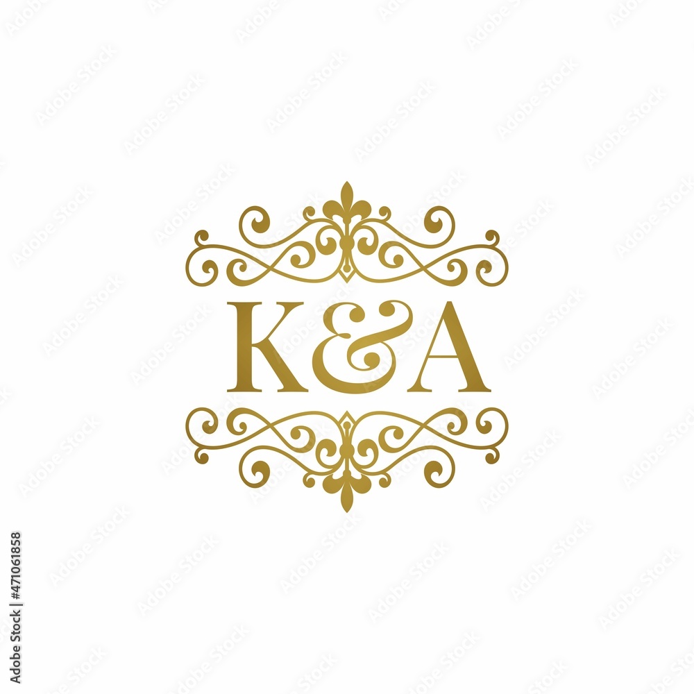 K&A initials logo ornament gold. Letter KA wedding ampersand or ...