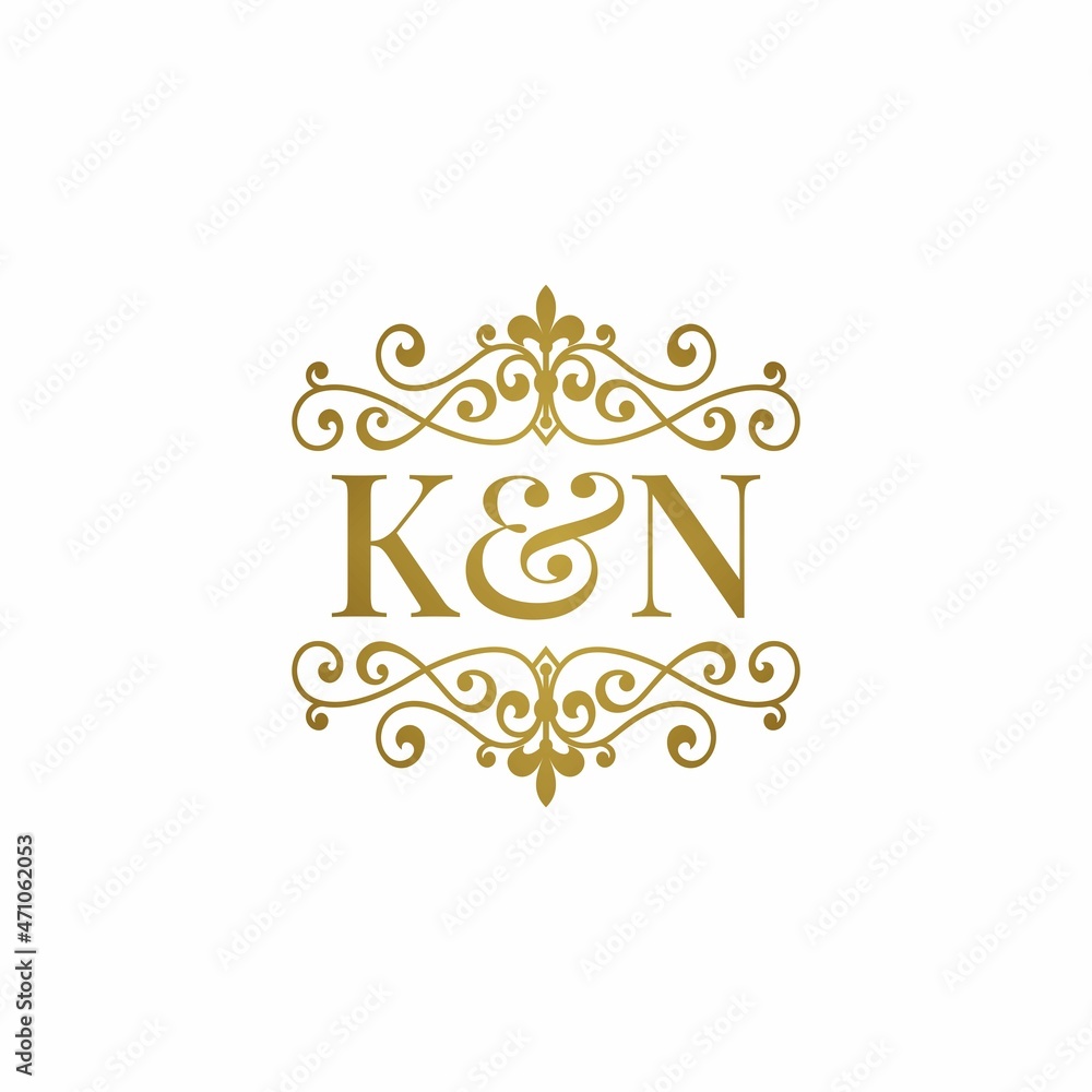 K&N initials logo ornament gold. Letter KN wedding ampersand or ...