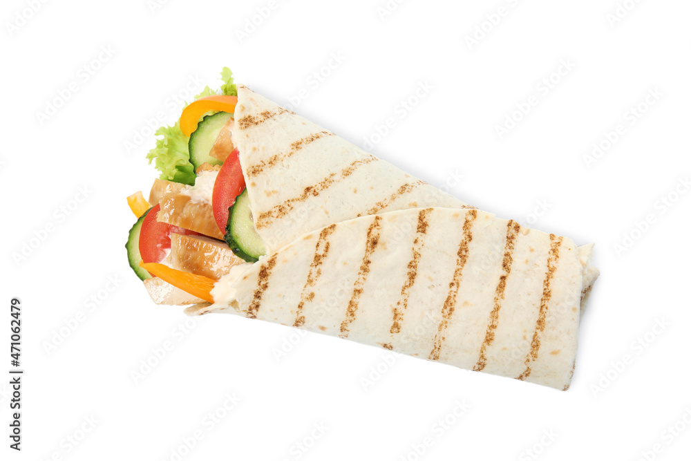 Tasty shawarma with chicken and vegetables isolated on white, top view ...