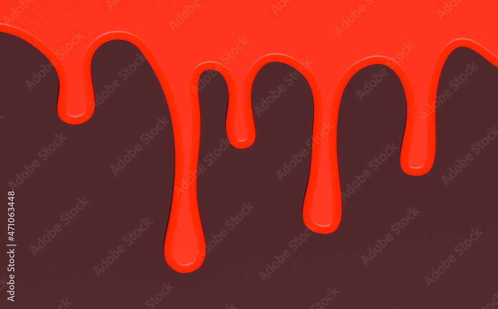 Red paint flows against brown background. Red liquid. Drops of blood ...