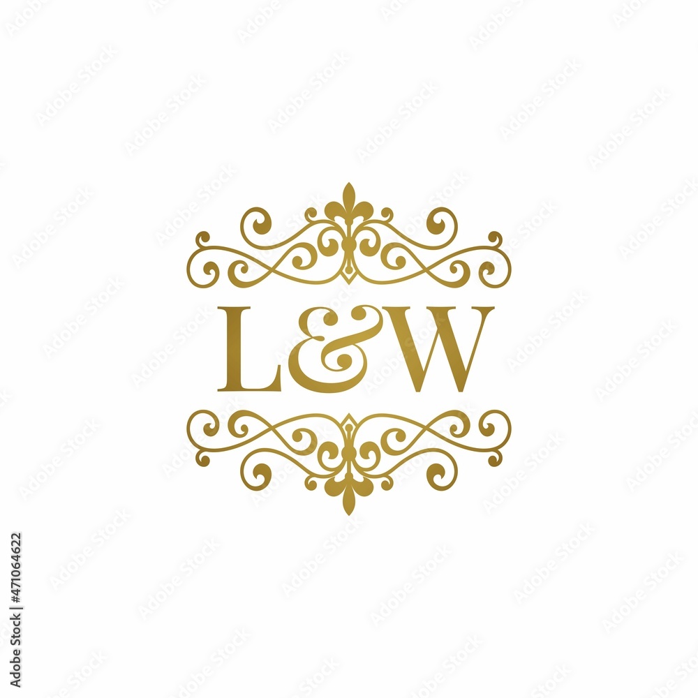 L&W initials logo ornament gold. Letter LW wedding ampersand or ...