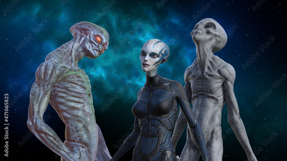 3d Illustration of a female alien and two extraterrestrials with a blue ...