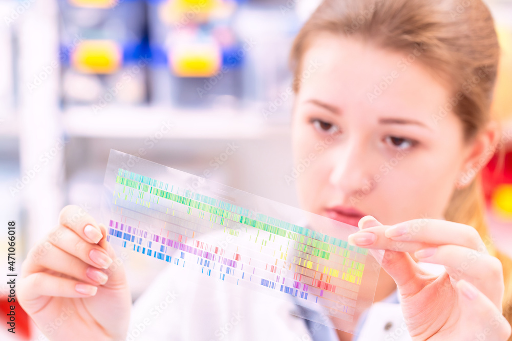 Young woman examines a spectroscopy picture in a quantum physics ...