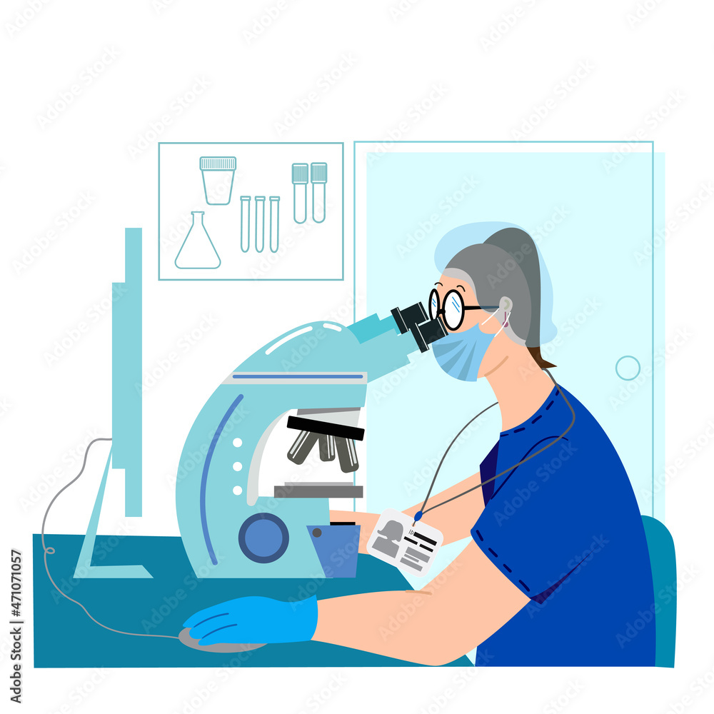 Woman laboratory assistance with microscope, medical office or ...