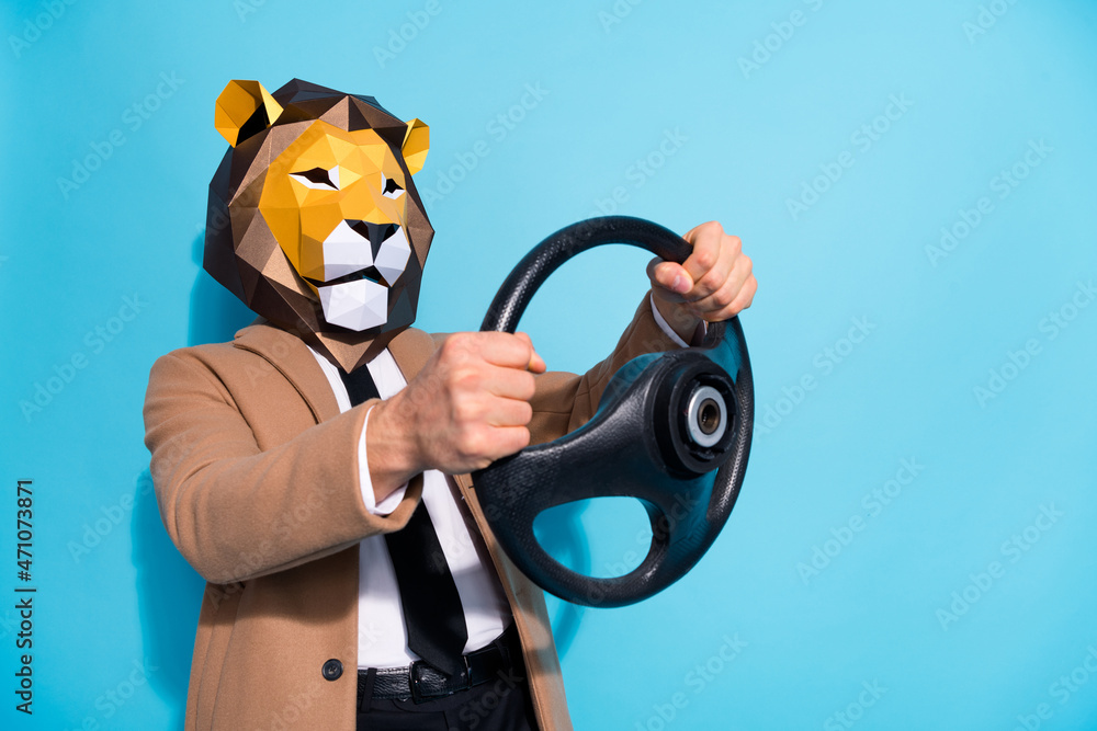 Profile side photo of weird anonym guy in lion mask ride steering wheel ...