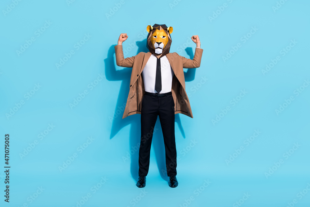 Full length photo of boss guy lion mask demonstrate muscular powerful ...