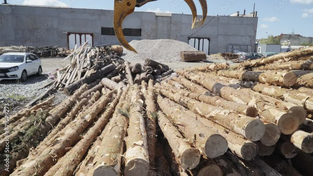 Close Up Of Industrial Crane Machine Placing Wooden Logs Into Logging ...