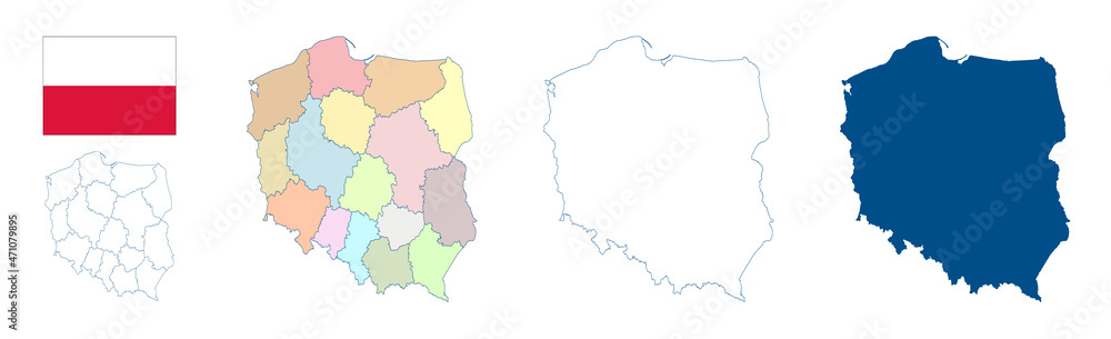 Poland map. Set of vector maps. Detailed blue outline and silhouette ...