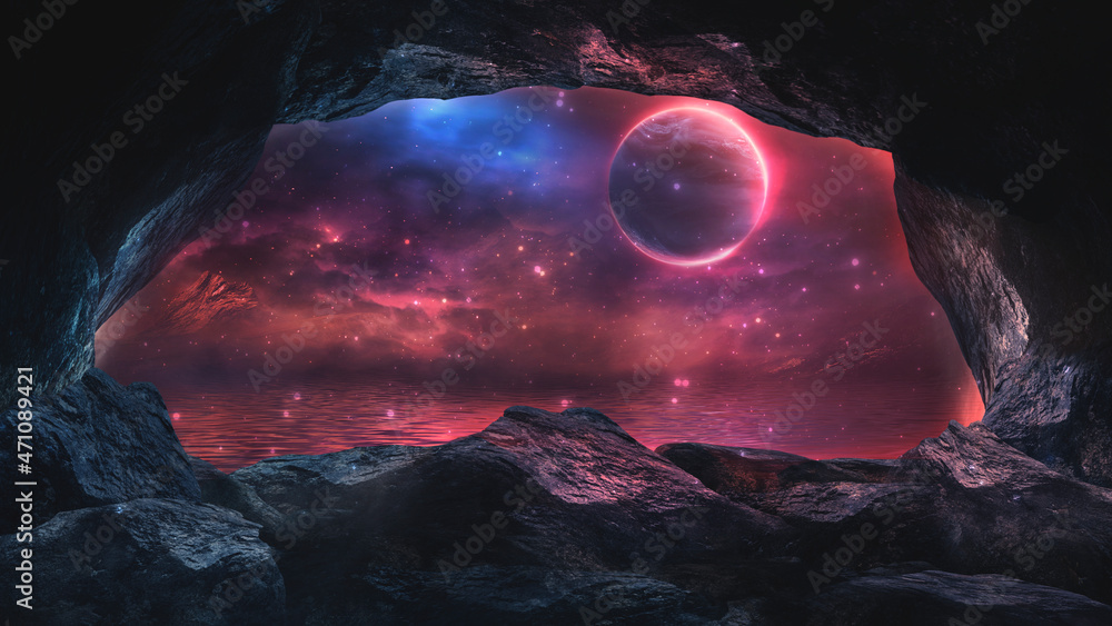 Space cave, stones, tunnel and starry night Galatian sky, planets ...