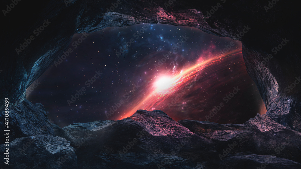 Space cave, stones, tunnel and starry night Galatian sky, planets ...