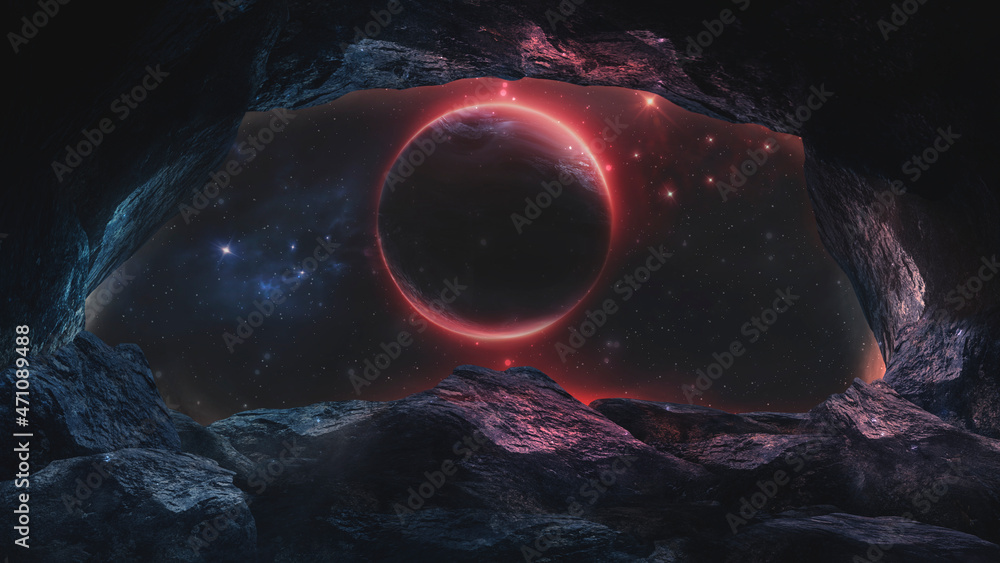 Space cave, stones, tunnel and starry night Galatian sky, planets ...