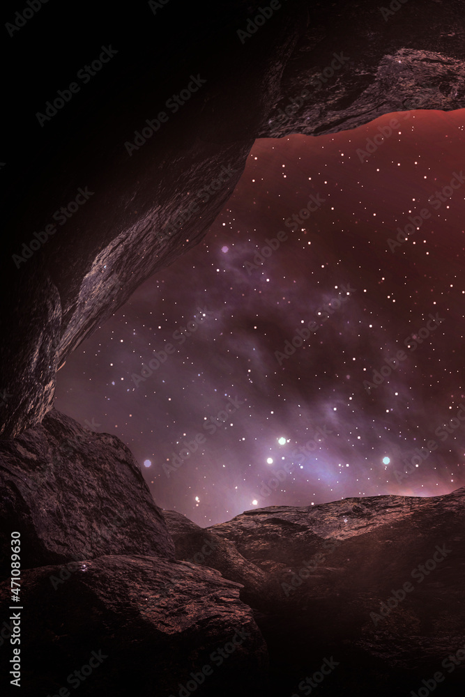 Space cave, stones, tunnel and starry night Galatian sky, planets ...