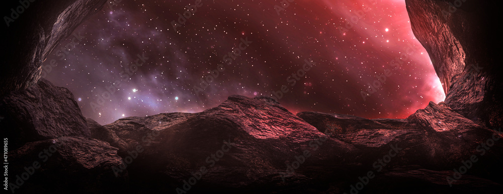 Space cave, stones, tunnel and starry night Galatian sky, planets ...