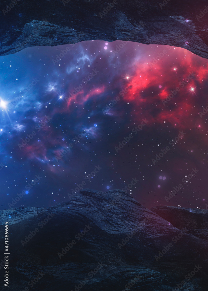 Space cave, stones, tunnel and starry night Galatian sky, planets ...