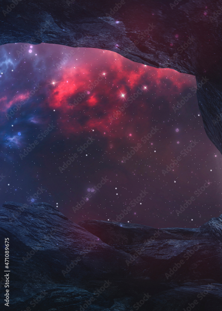 Space cave, stones, tunnel and starry night Galatian sky, planets ...