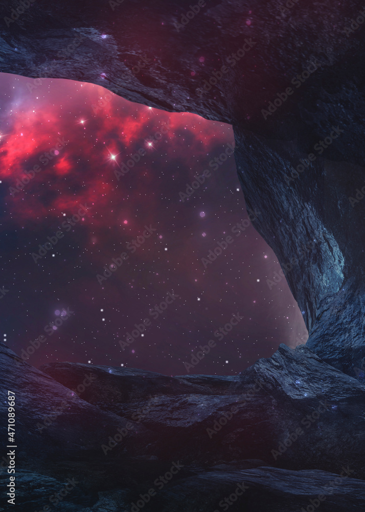Space cave, stones, tunnel and starry night Galatian sky, planets ...