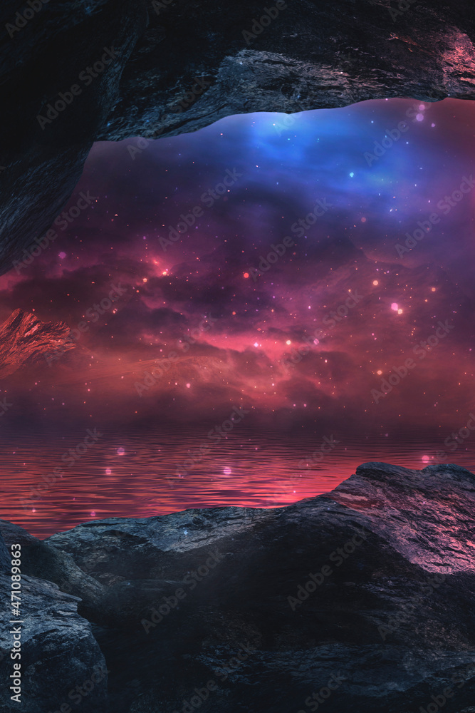 Space cave, stones, tunnel and starry night Galatian sky, planets ...