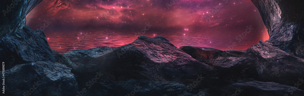 Space cave, stones, tunnel and starry night Galatian sky, planets ...