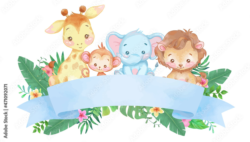 Ribbon banner with cute jungle animals. Watercolor illustration. cute ...