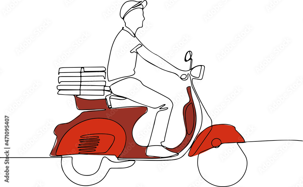 Continuous one line drawing of food delivery man riding a scooter pizza ...