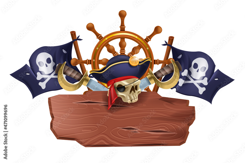 Wooden pirate sign board, vector game UI timber panel banner, black ...