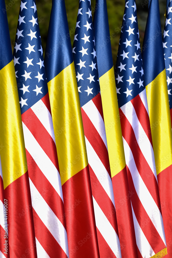 Romania and United States Of America national flags are seen during an ...