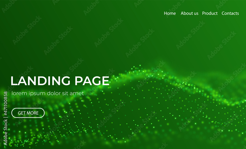 Abstract landing page background with green particles. Flow wave with ...