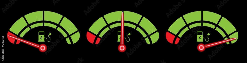 Electric car battery meter set with battery, indicating empty, half ...