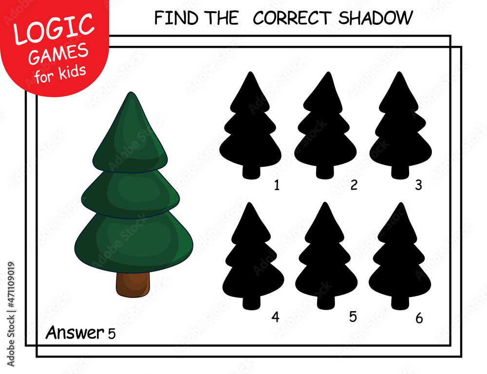 Find the correct shadow the Tree. Cute cartoon new year tree ...