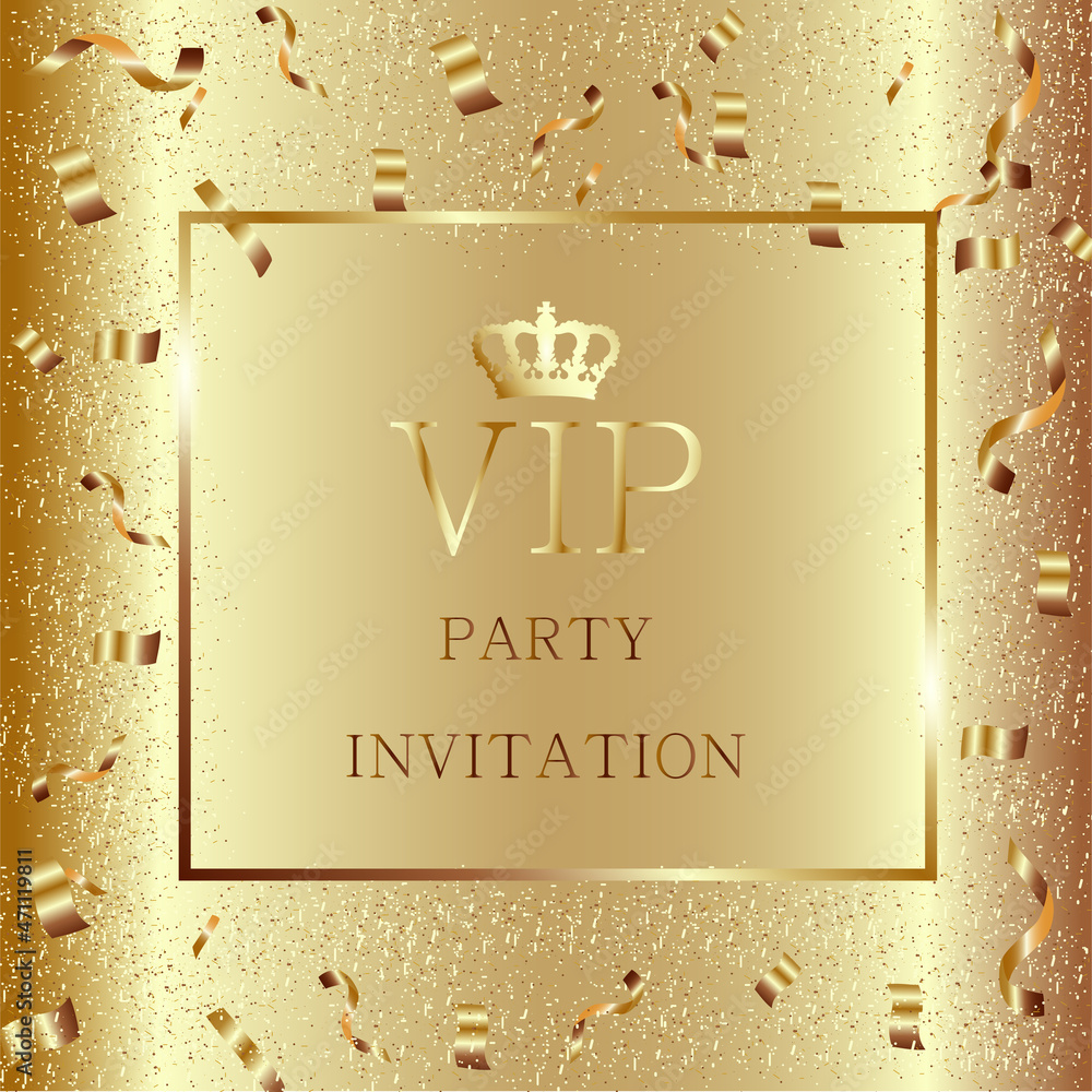 vip party invitation on gold background with crown and serpentine Stock ...
