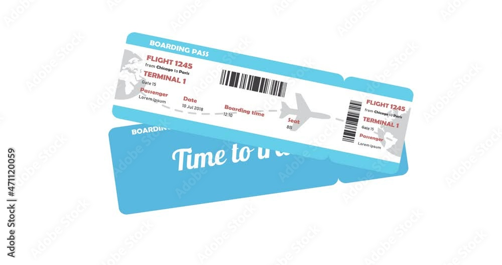 Animation of airline tickets to plane for travel journey. Boarding pass ...
