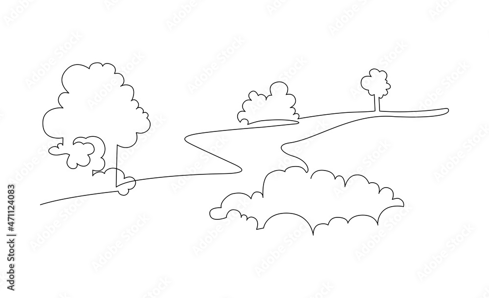 Landscape park with path and trees. Continuous line drawing. Vector ...