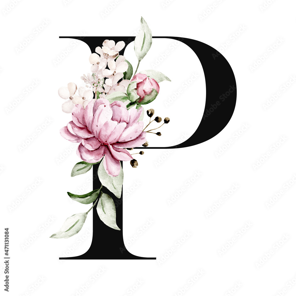 Floral alphabet, letter p with watercolor flowers and leaf. Monogram ...